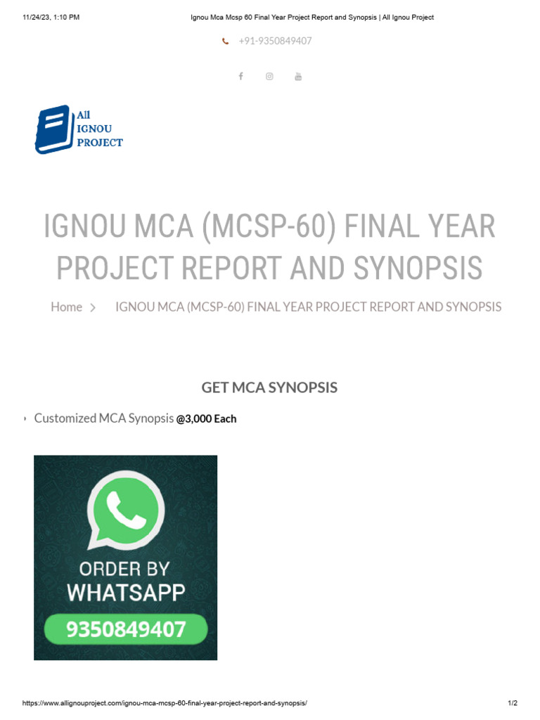 Ignou Mca MCSP 60 Final Year Project Report and Synopsis | PDF