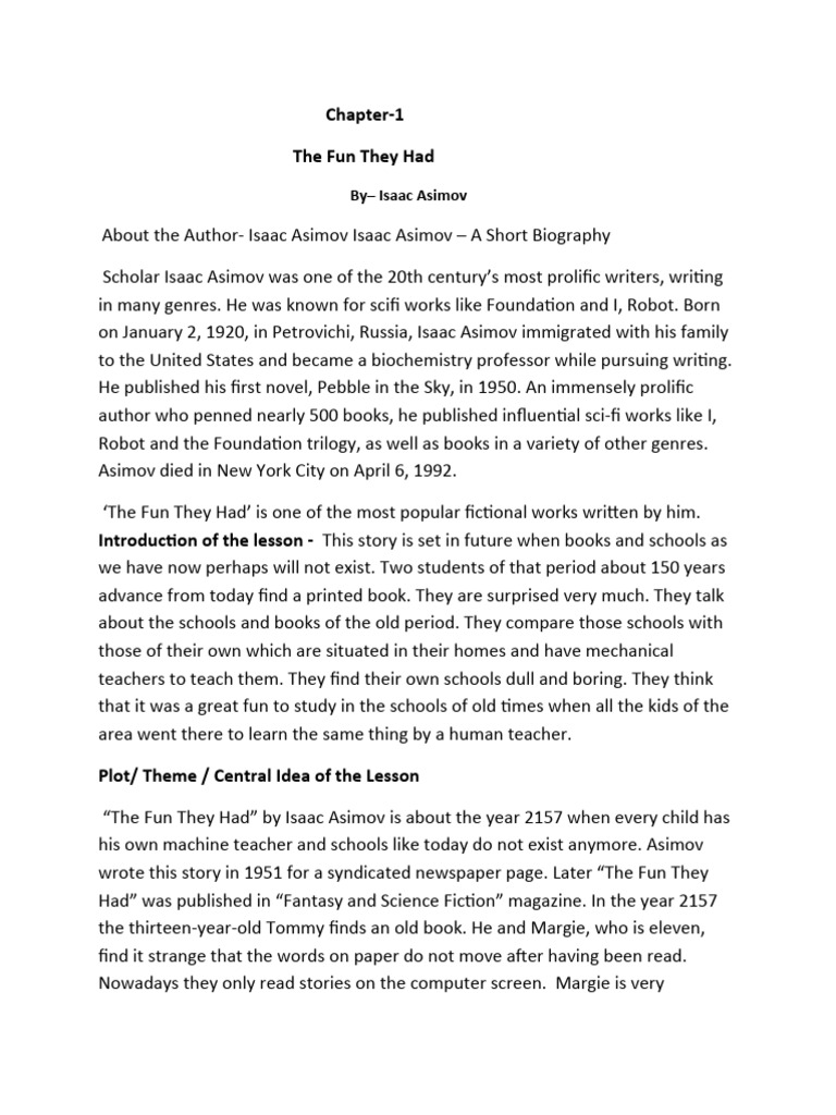 Summary & MCQ The Fun They Had (Late Sumission) | PDF | Isaac Asimov ...