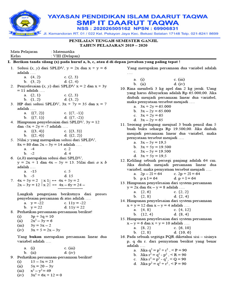Soal MTK Kelas 8 Bu Dyah | PDF