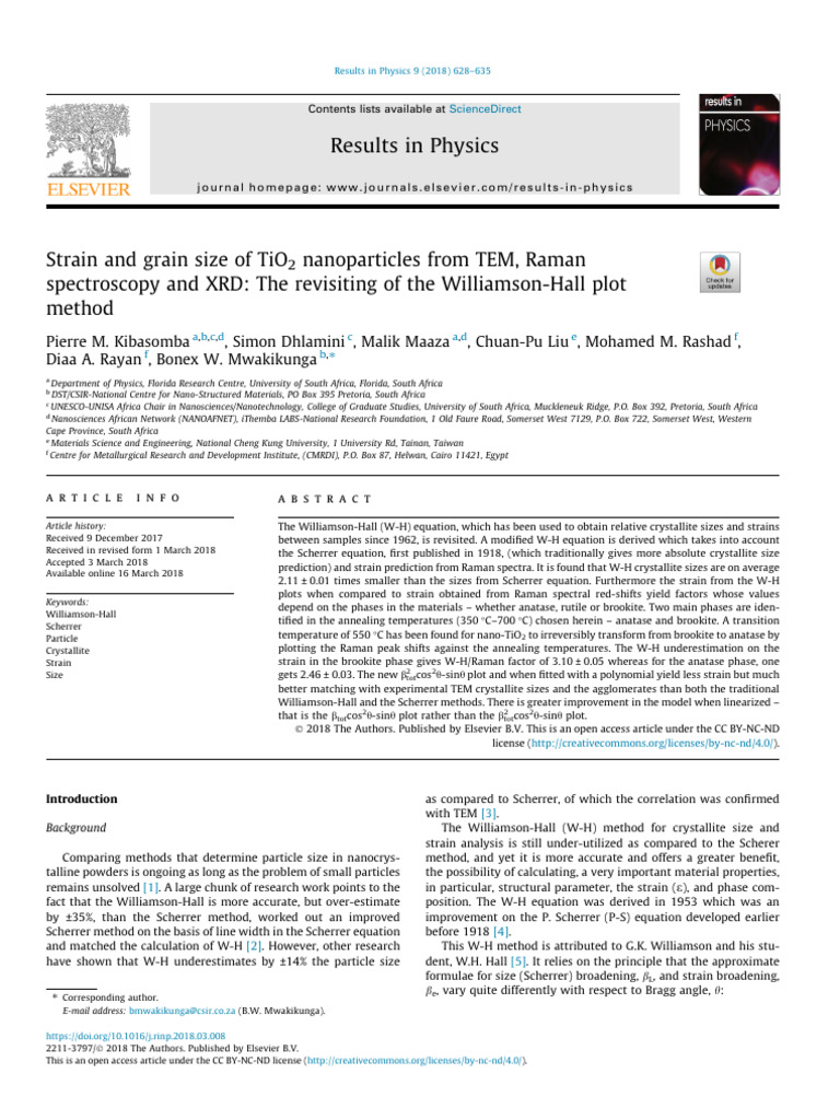 Strain And Grain Size Of Tio2 Nanoparticles From Tem Raman Pdf X Ray Crystallography