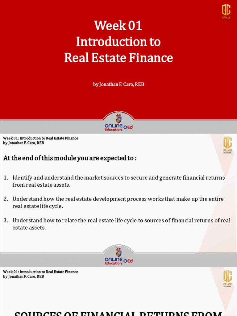 Week 01 Introduction To Real Estate Finance | PDF | Loans | Taxes