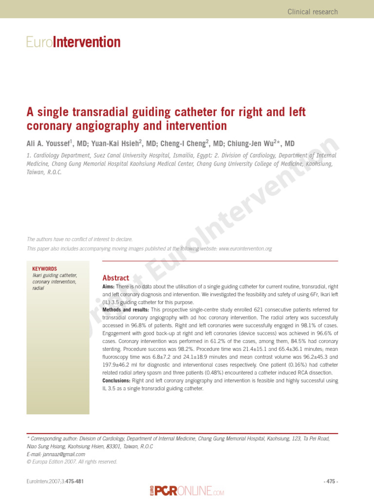 A Single Transradial Guiding Catheter For Right and Left Coronary ...