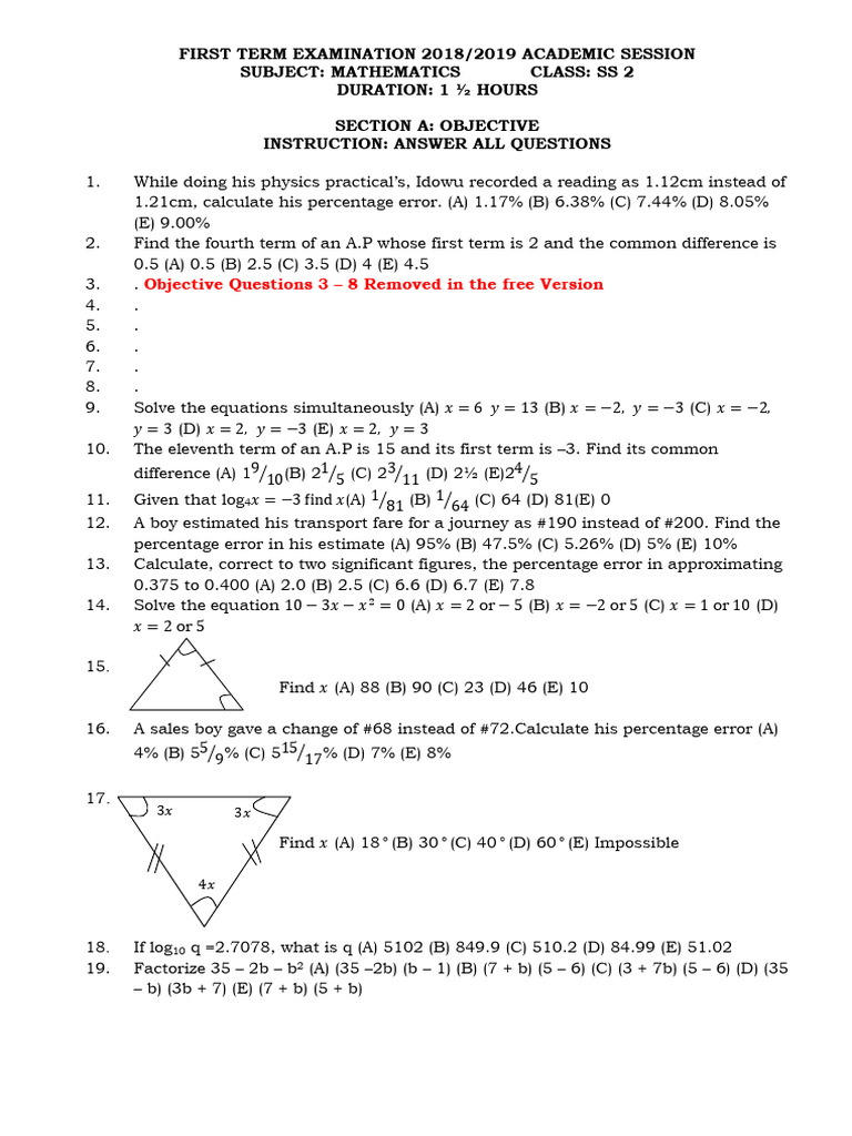 Mathematics Past Questions For Sss Senior Secondary | PDF | Mathematics ...