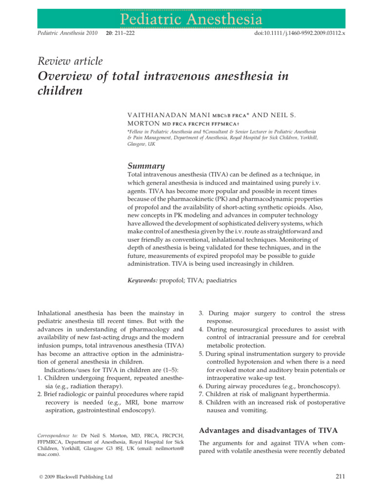 Pediatric Anesthesia - 2010 - MANI - Overview of Total Intravenous Anesthesia in Children | PDF ...