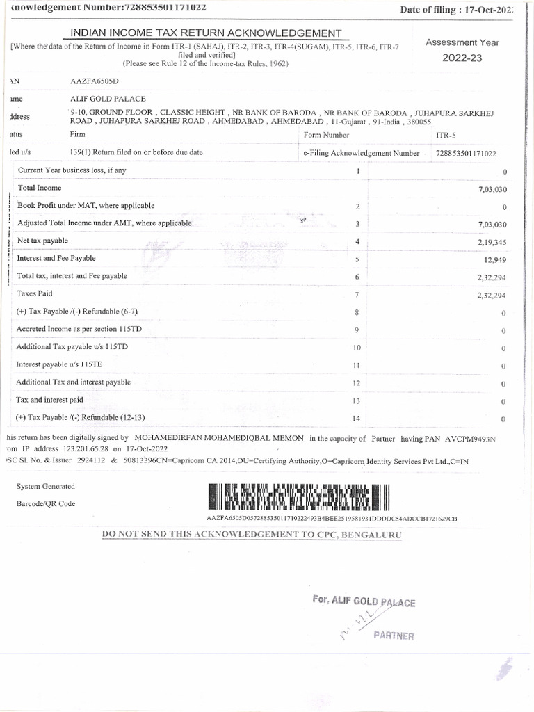 Alif Gold Itr & Audit 22-23 | PDF