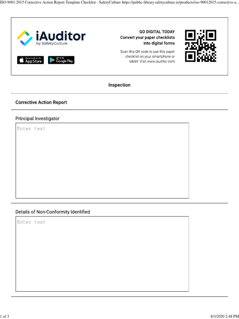 ISO 9001 - 2015 Corrective Action Report Template Checklist ...