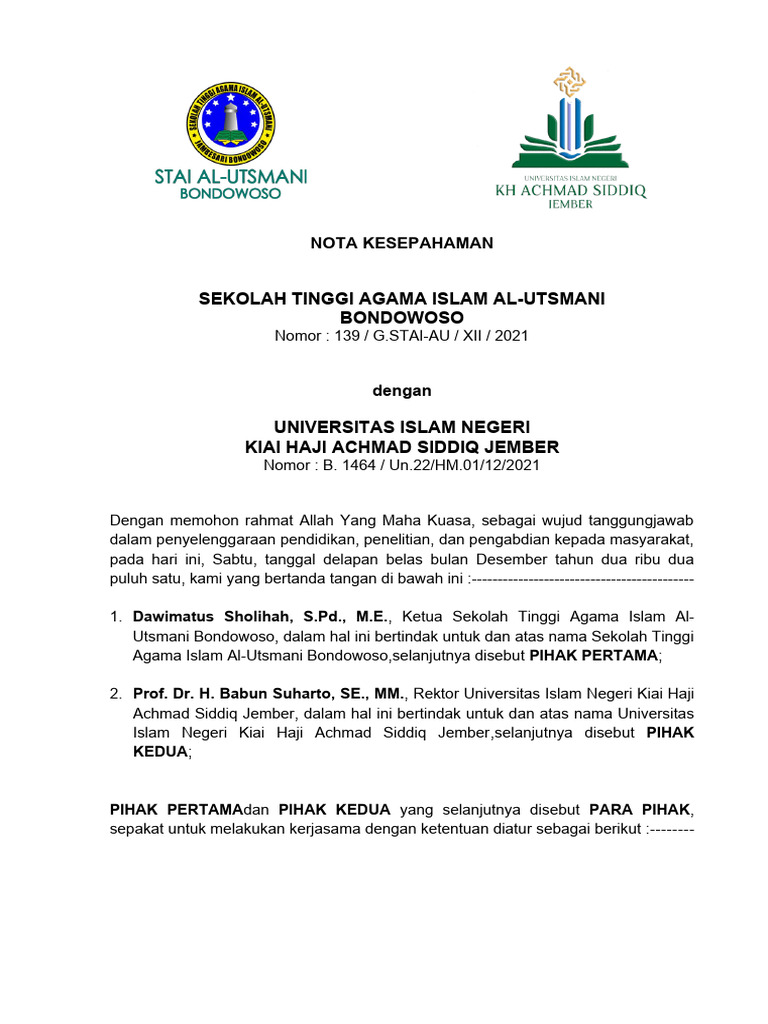 MoU UIN KHAS Jember-IAI IBRAHIMY Bwi-2021 Hasil Edit | PDF