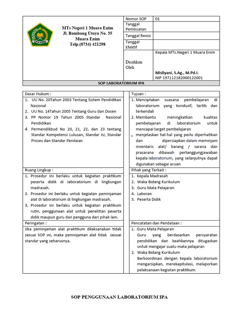 SOP Laboratorium IPA | PDF