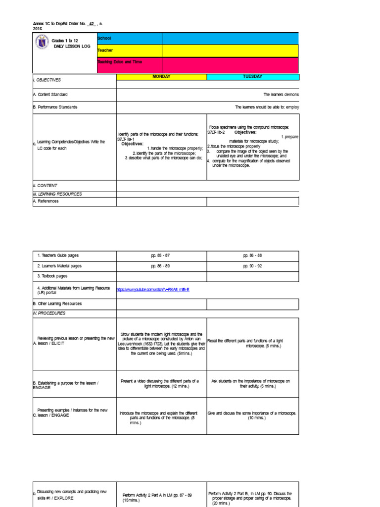 DLL Science 7 Second Quarter First | PDF | Learning | Microscope