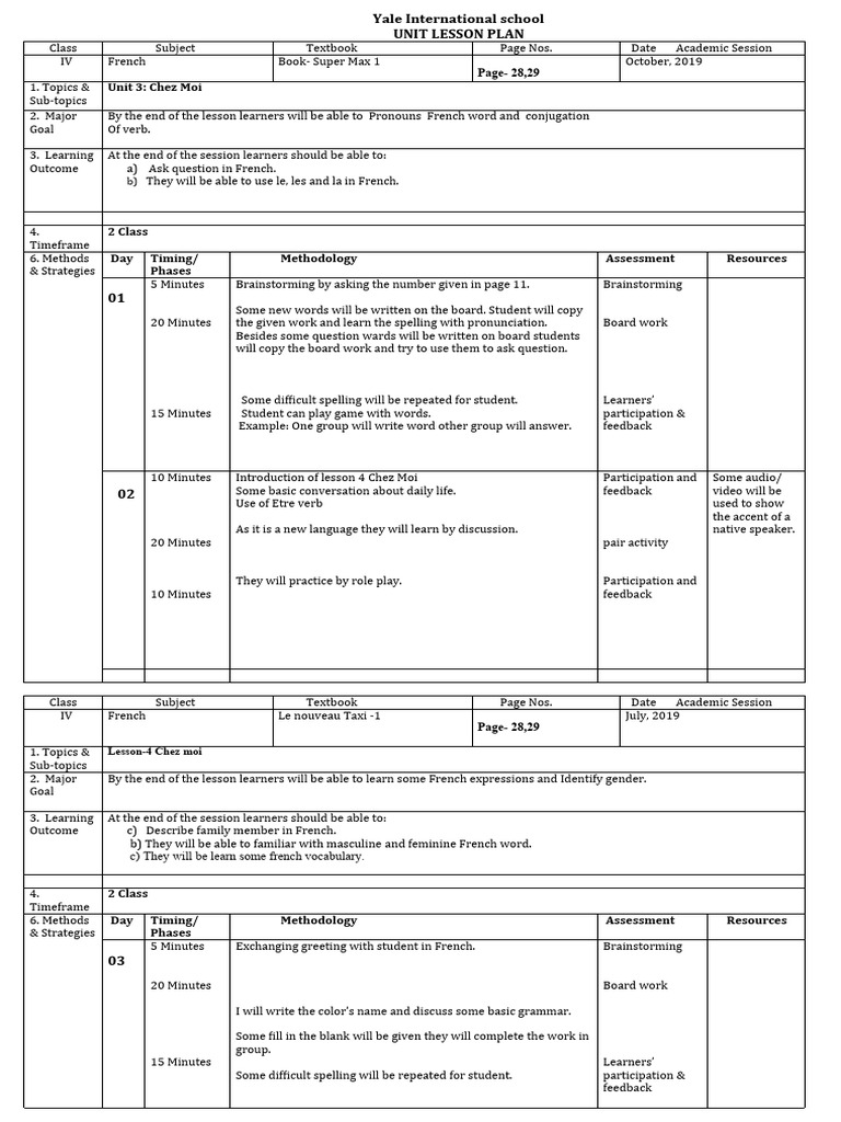French Lesson Plan for Grade IV | PDF | French Language | Learning