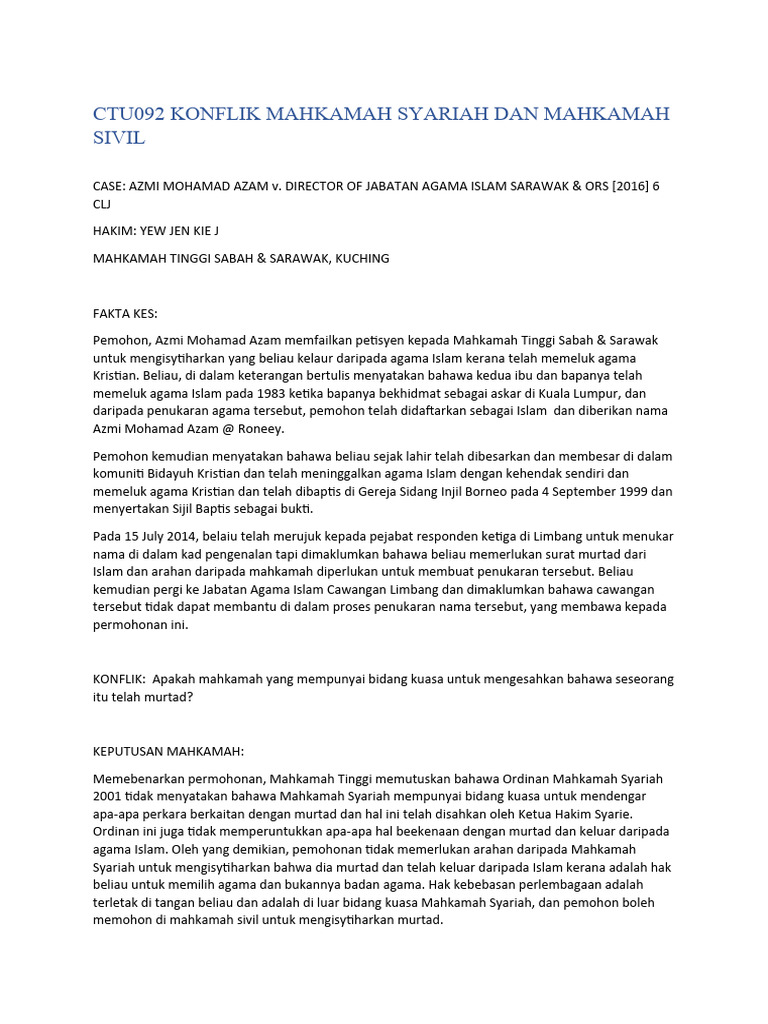 Ctu092 Konflik Mahkamah Syariah Dan Mahkamah Sivil | PDF