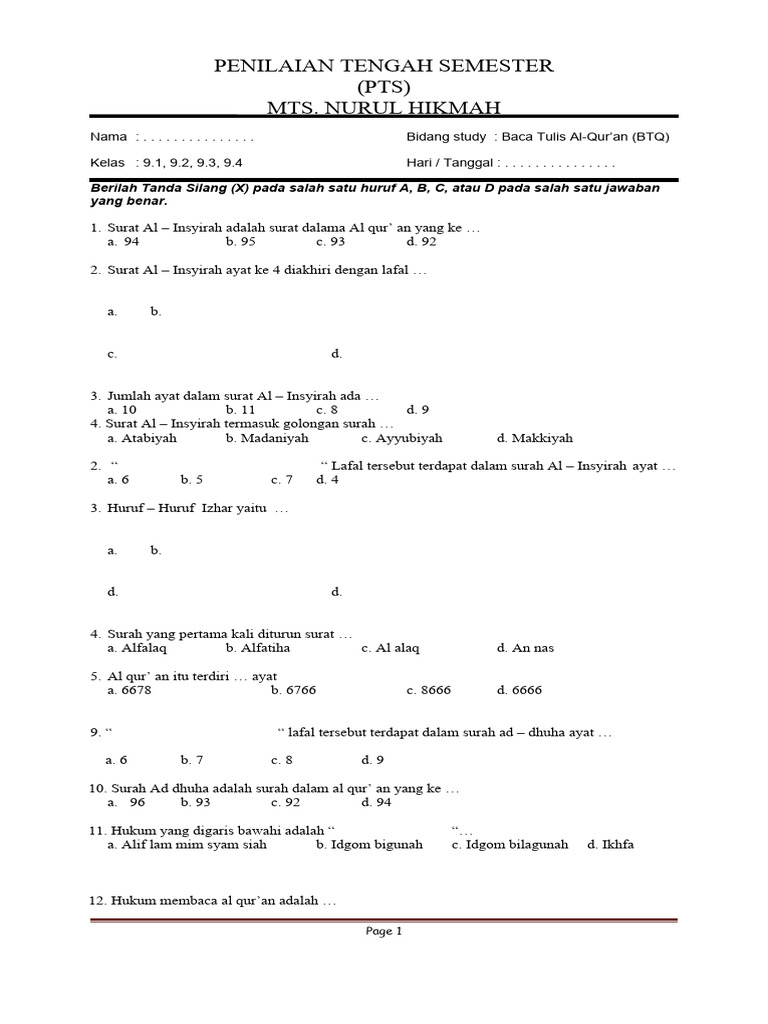 PTS BTQ Kelas 9 MTS Nurul Hikmah | PDF