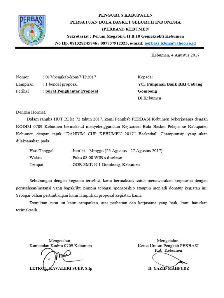 Surat Pengantar Proposal Kejuaraan Basket | PDF