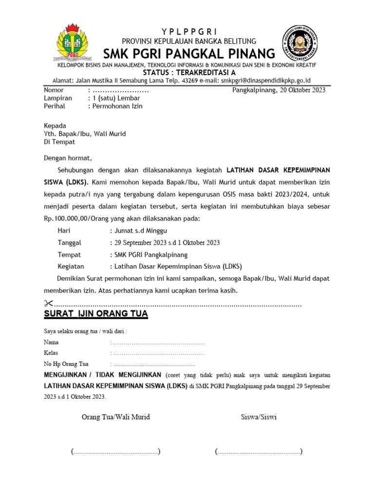 Surat Izin Mengikuti LDKS | PDF