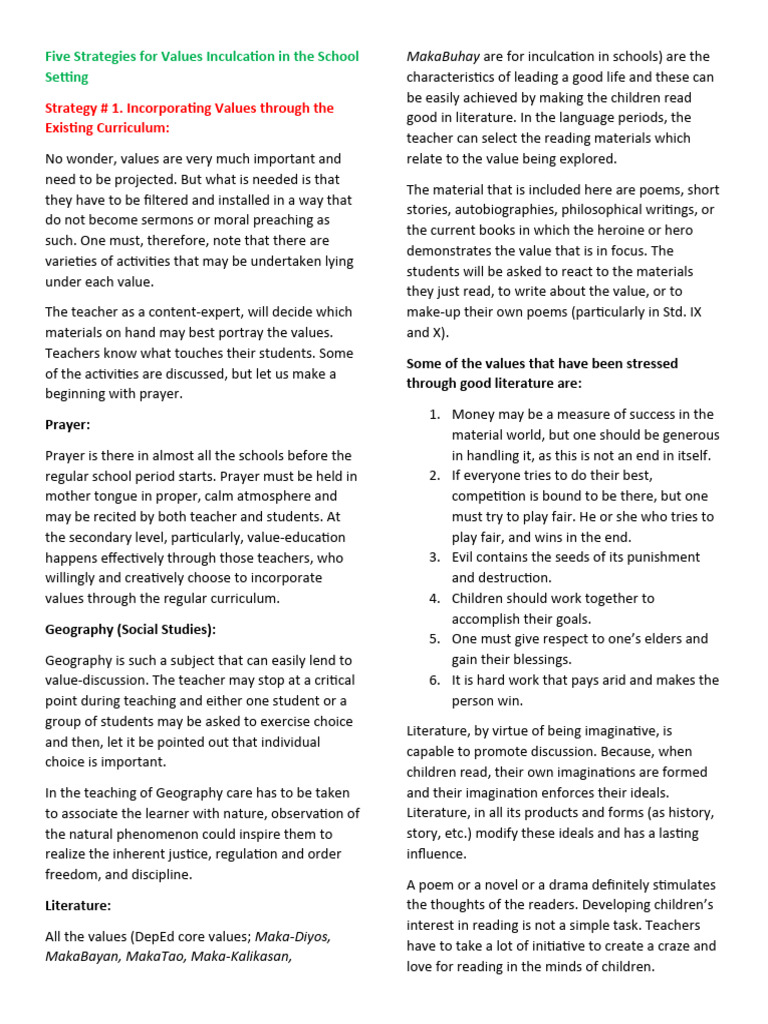 Five Strategies For Values Inculcation in The School Setting | PDF ...