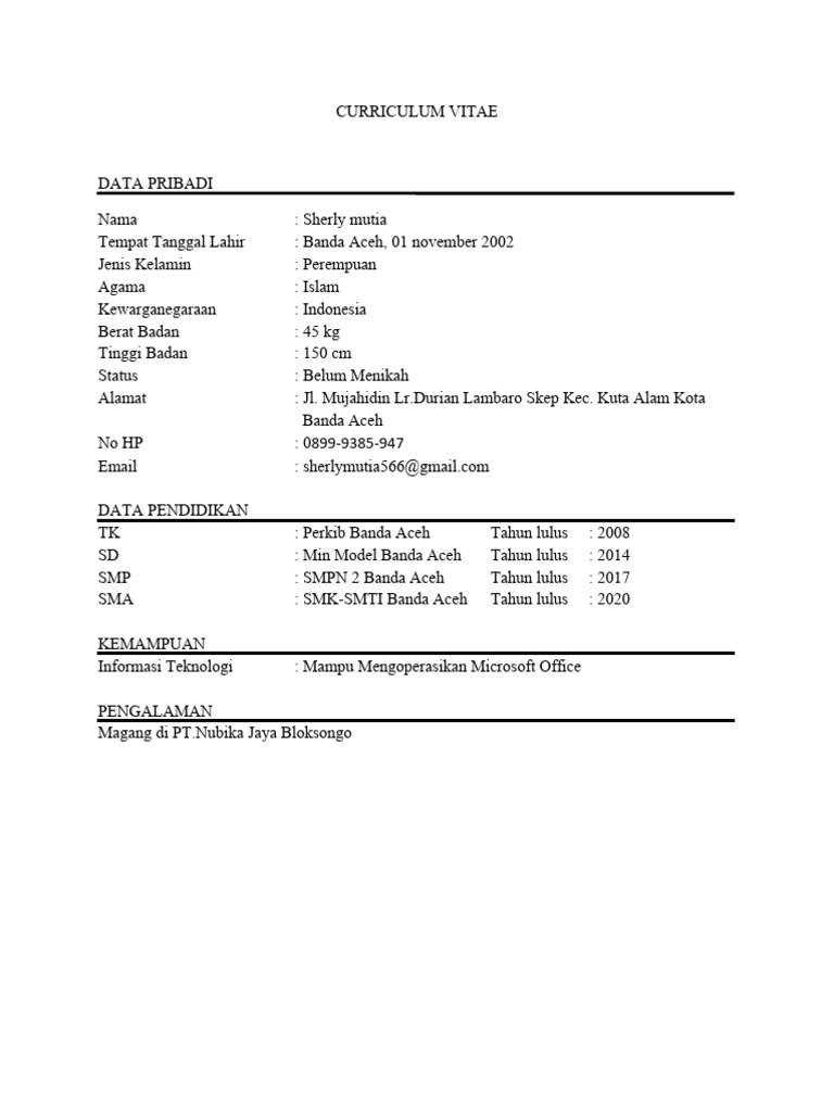 CV Sherly Mutia: Profil & Pengalaman | PDF