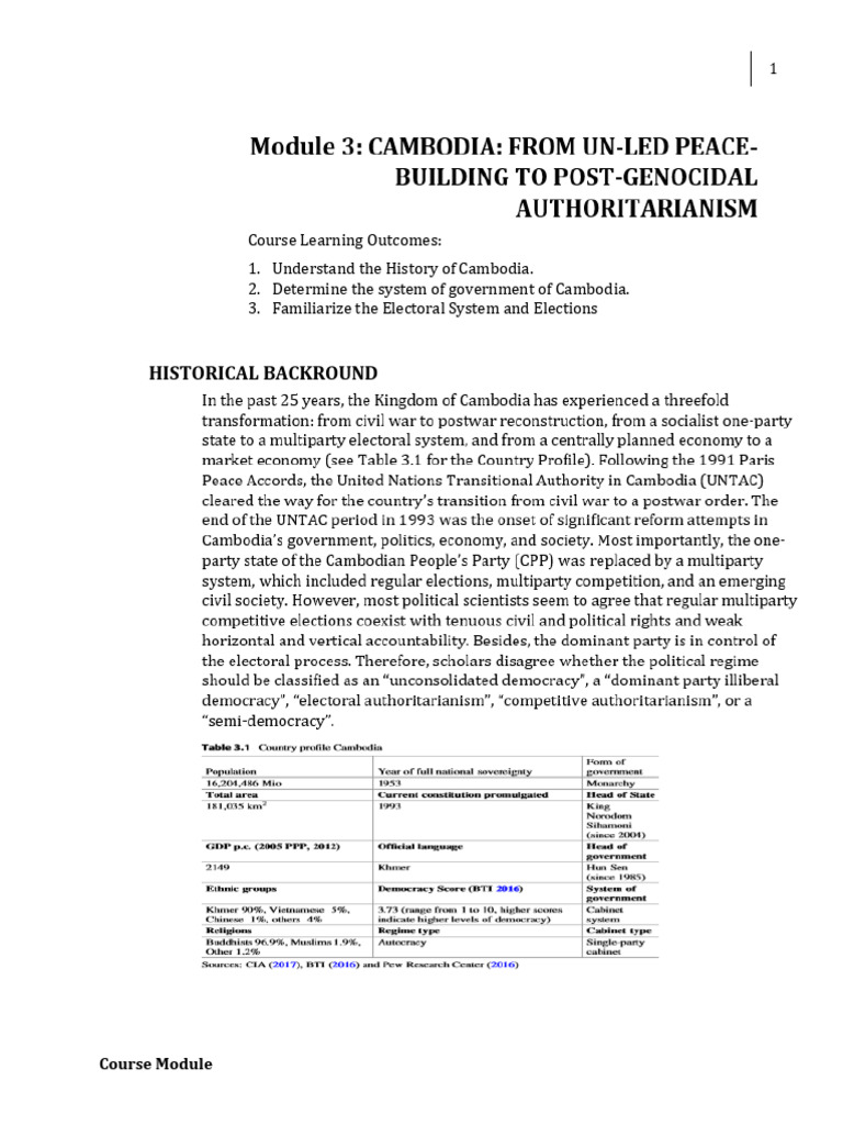 Module 3 Cambodia - From UN-Led Peace Building To Post-Genocidal Authoritarianism | PDF | Travel