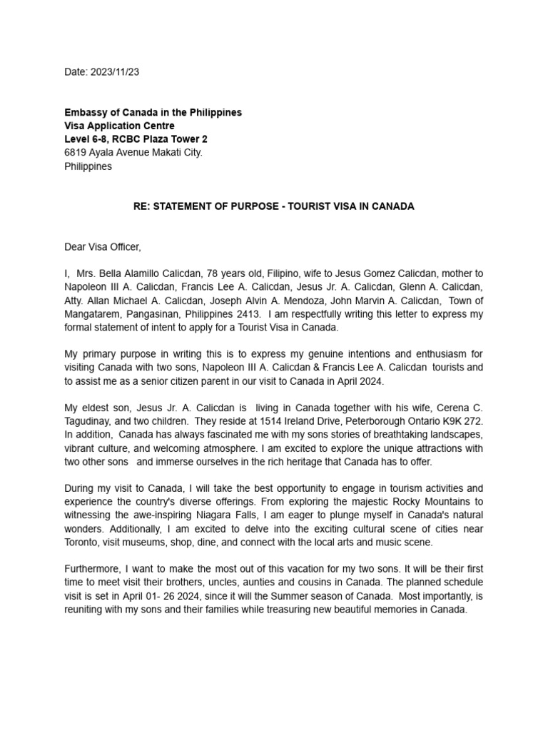 Tourist Visa Application Statement For Canada Pdf Travel Visa Leisure