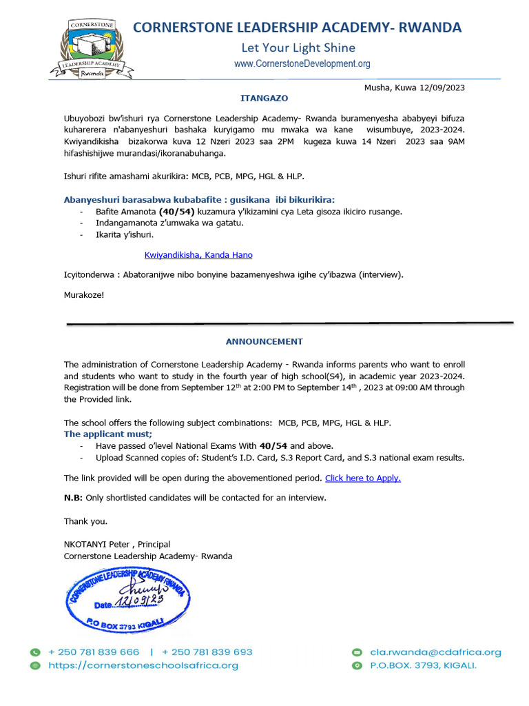 Cornerstone Leadership Academy Application. | PDF