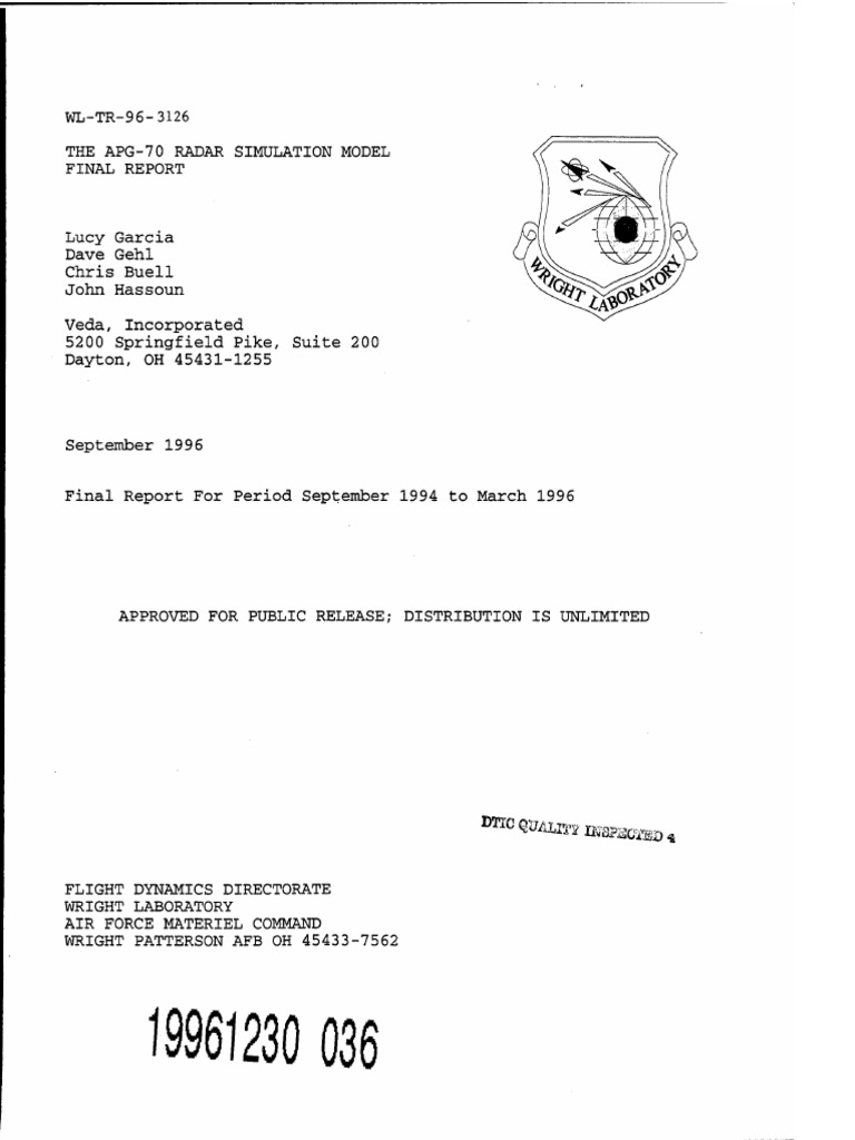 The Apg-70 Radar Simulation Model Final Report 1996 Ada319223 | PDF | Radar | Simulation