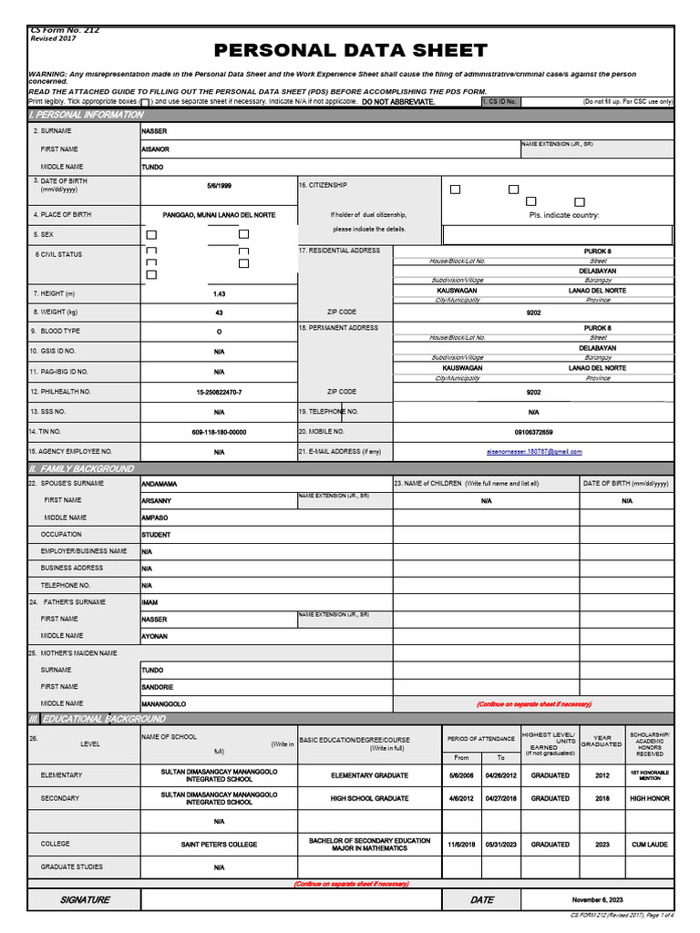 CS Form No. 212 Personal Data Sheet Revised | Download Free PDF ...