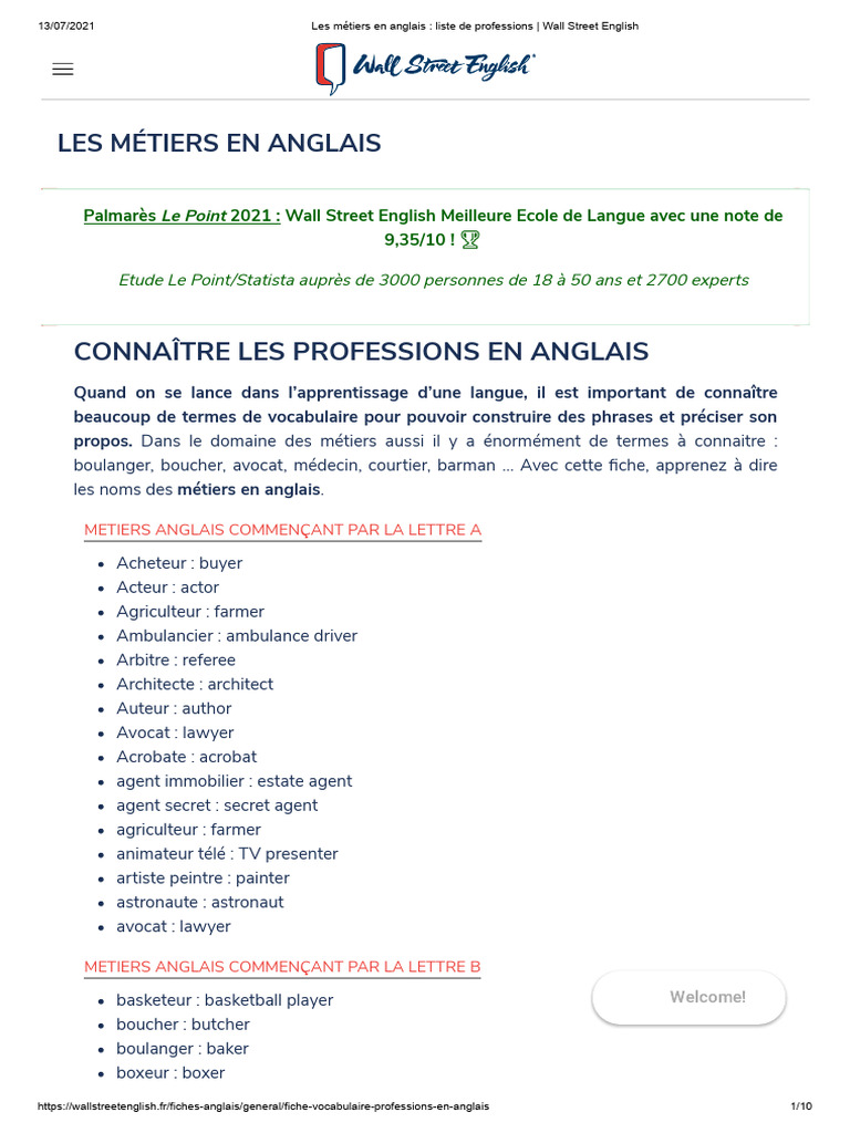 Les Métiers en Anglais | PDF