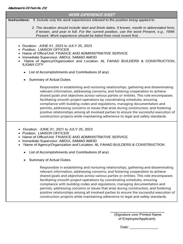 CS Form No 212 Work Experience Sheet | PDF | Regulatory Compliance ...