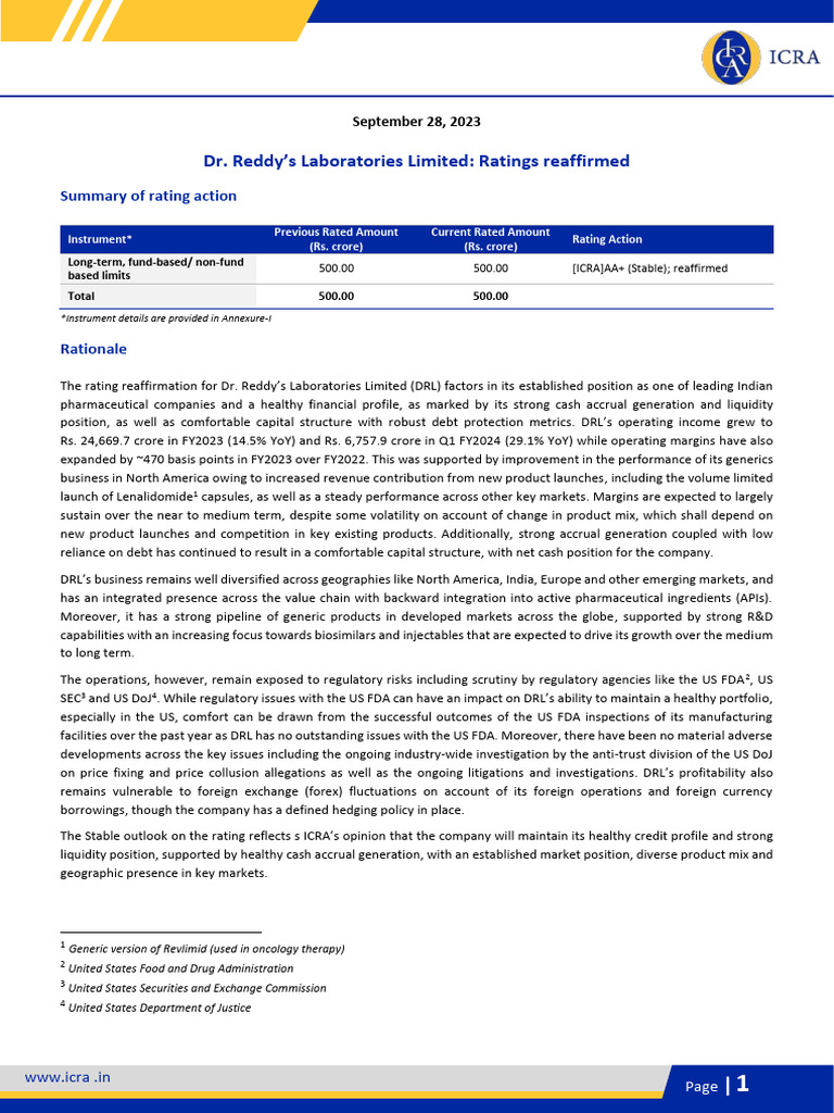 Dr. Reddys Laboratories Limited | PDF | Foreign Exchange Market | Generic Drug