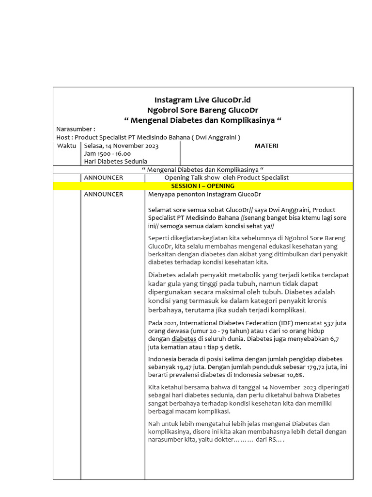 Script Instagram Live - November 2023 Diabetes Dan Komplikasinya | PDF