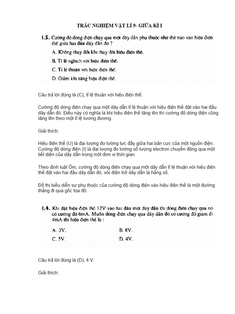 trắc nghiệm vật lí 9 gk1 | PDF