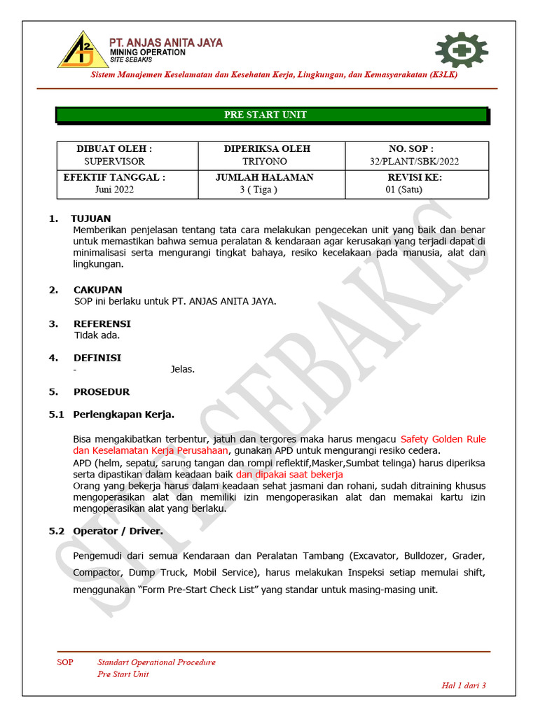 SOP - Pre Start Unit | PDF