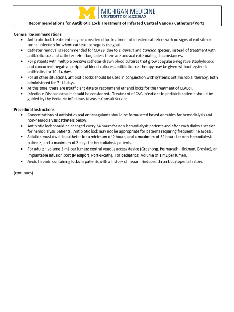 Recommendations For Antibiotic Lock Treatment of Infected Central ...