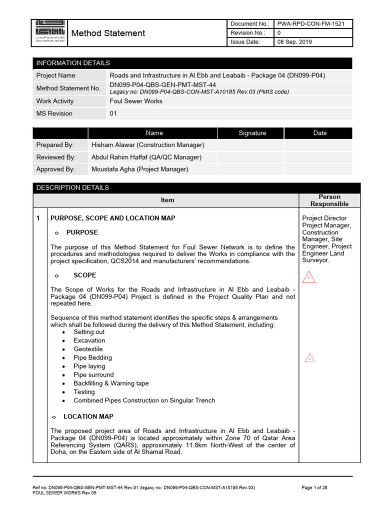 Method Statement For Foul Sewer Network - R04 | PDF | Pipe (Fluid Conveyance) | Surveying