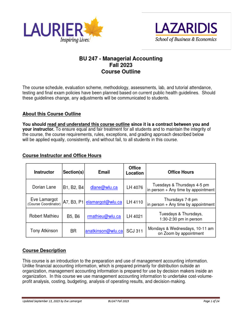 BU 247 Course Outline | PDF | Academic Dishonesty | Management Accounting