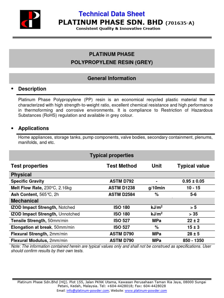 Polypropylene Resin Data Sheet | PDF | Materials | Physical Sciences