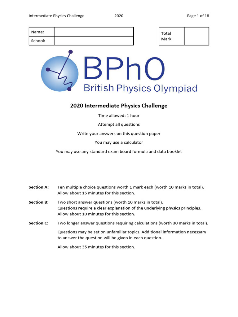BPhO - Intermediate - PHC 2020 - Rev | PDF | Astronomical Unit | Metrology