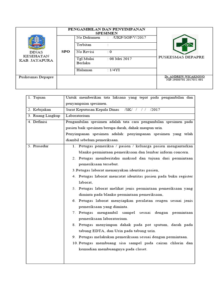SOP 8.1.2 EP.2 Pengambilan Dan Penyimpanan Spesimen | PDF