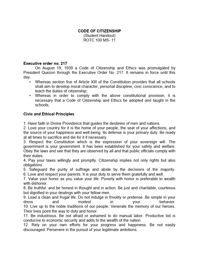 1st F Presentation Code of Citizenship | PDF | Citizenship | Justice