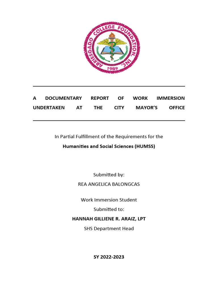 A Documentary Report of Work Immersion Undertaken at The City Mayor'S ...