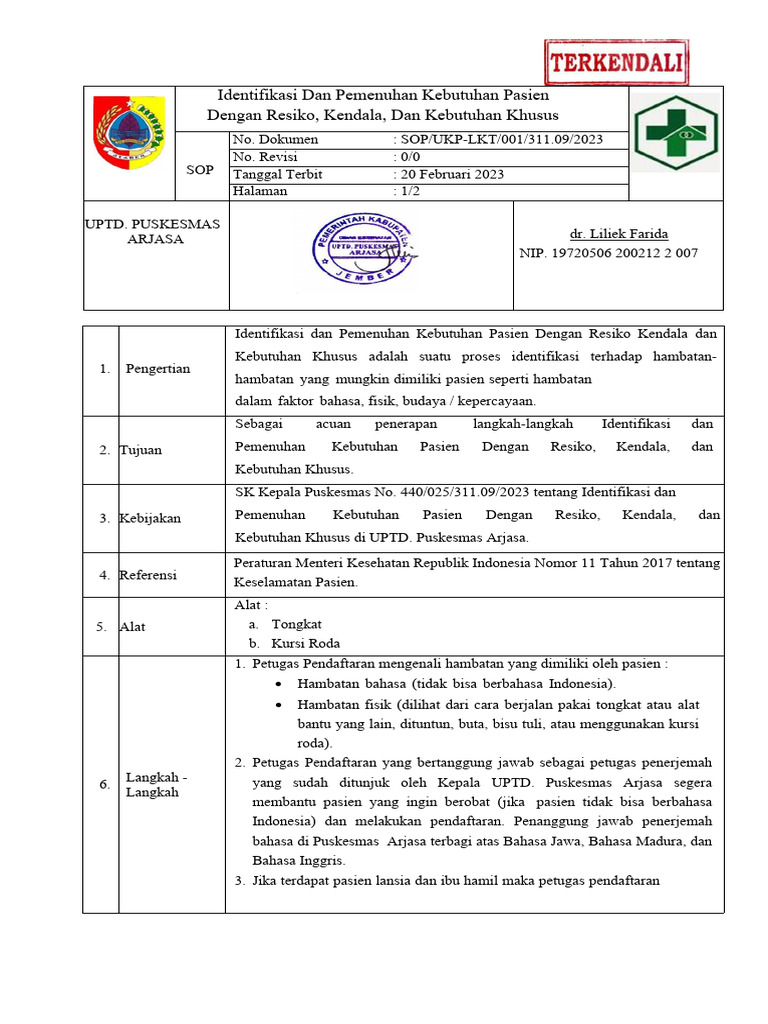 3.1.1.a SOP IDENTIFIKASI DAN PEMENUHAN KEBUTUHAN PASIEN | PDF