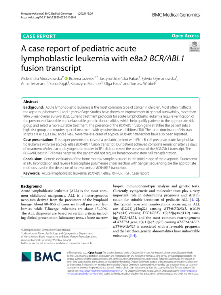 A Case Report of Pediatric Acute Lymphoblastic Leukemia With E8a2 BCR ...