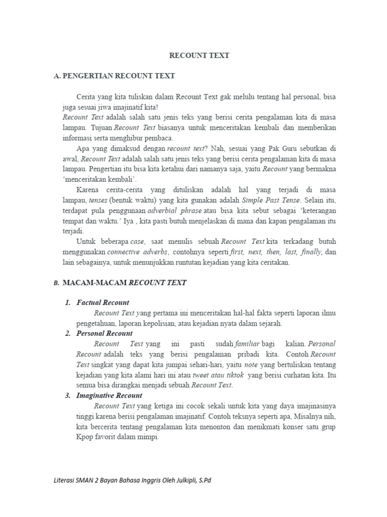 Jenis-jenis Recount Text dan Contohnya | PDF | Seni & Disiplin Bahasa ...