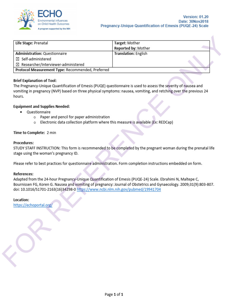 Pregnancy-Unique Quantification of Emesis (PUQE-24) Scale | PDF