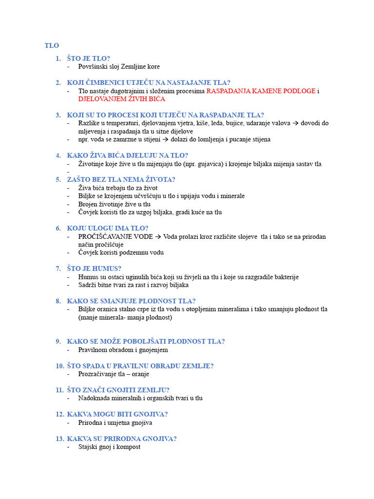 TLO - 6 Razred Pitanja I Odgovori | PDF