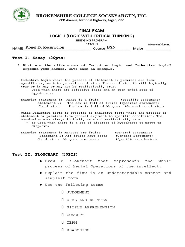 Final Exam Bridging Program BATCH 1 2021 | PDF | Reason | Idea