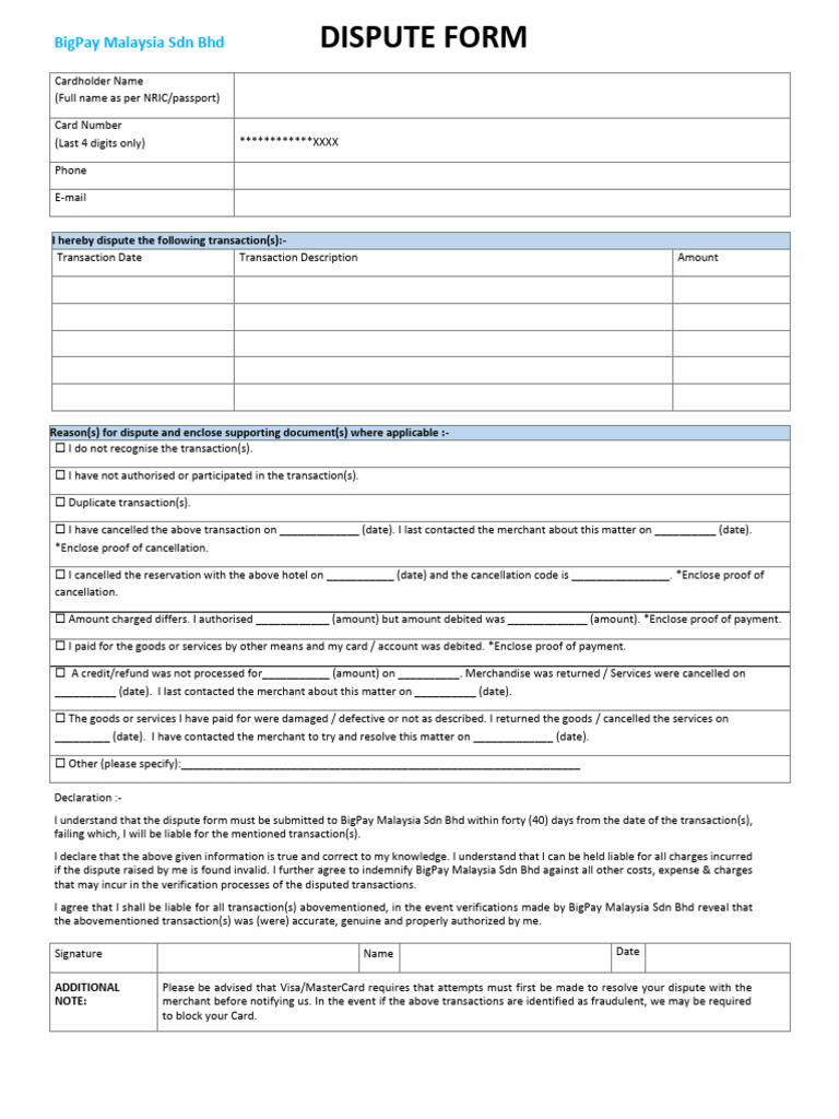 Dispute Form Bigpay BPMY | Download Free PDF | Debit Card | Business