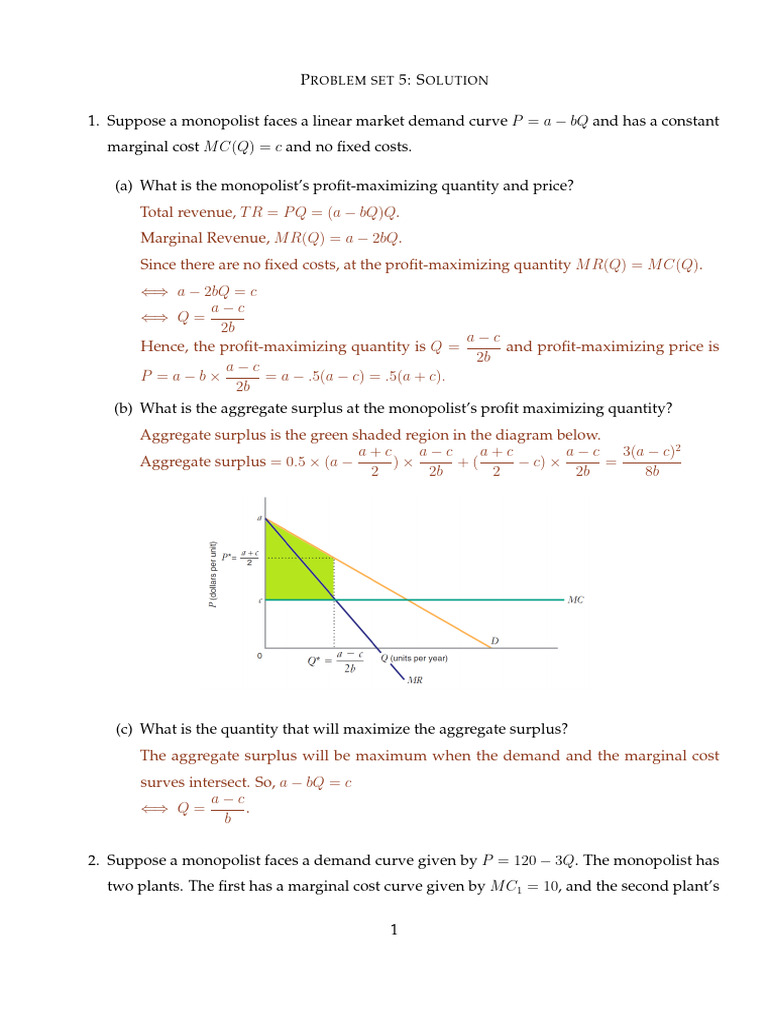 Problem Set 5 (Solution) | Download Free PDF | Economic Surplus | Monopoly