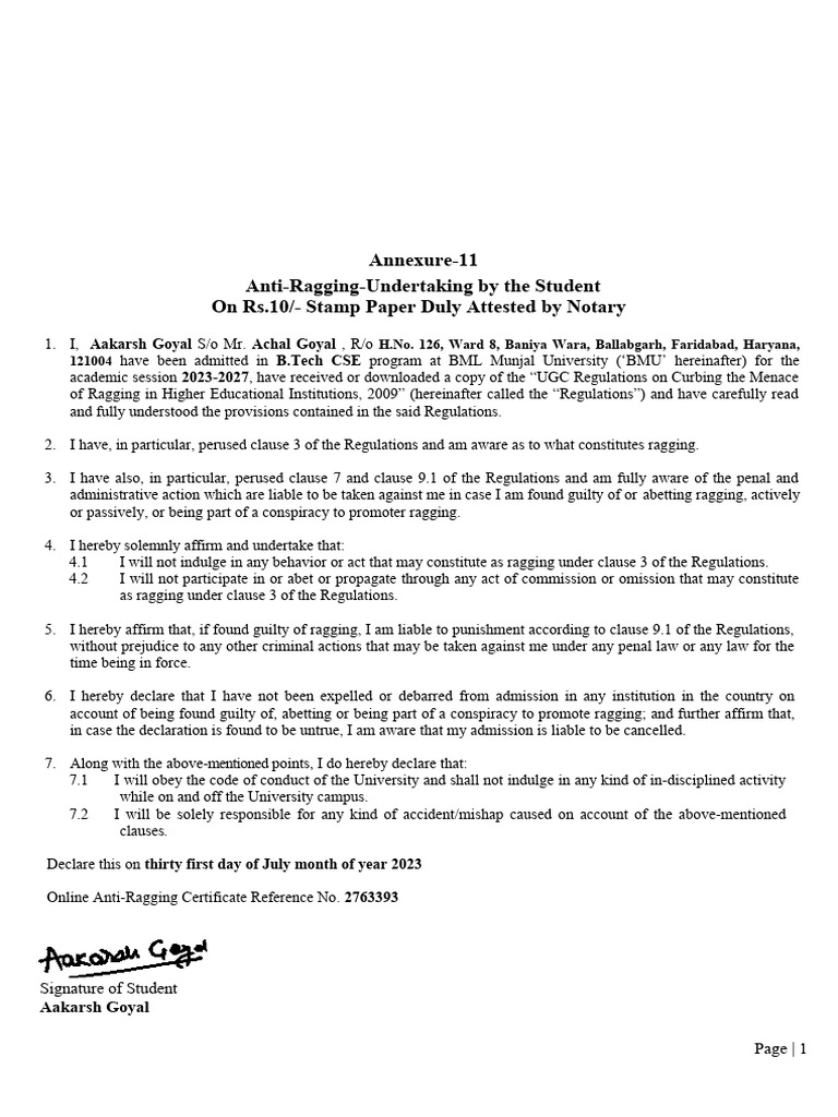 Annexure-11 (Anti-Ragging - Undertaking by The Student) | PDF | Ethical ...