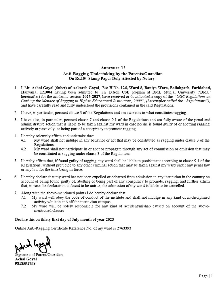 Annexure-12 (Anti-Ragging - Undertaking by The Parents or Guardian) | PDF | Ethical Principles ...