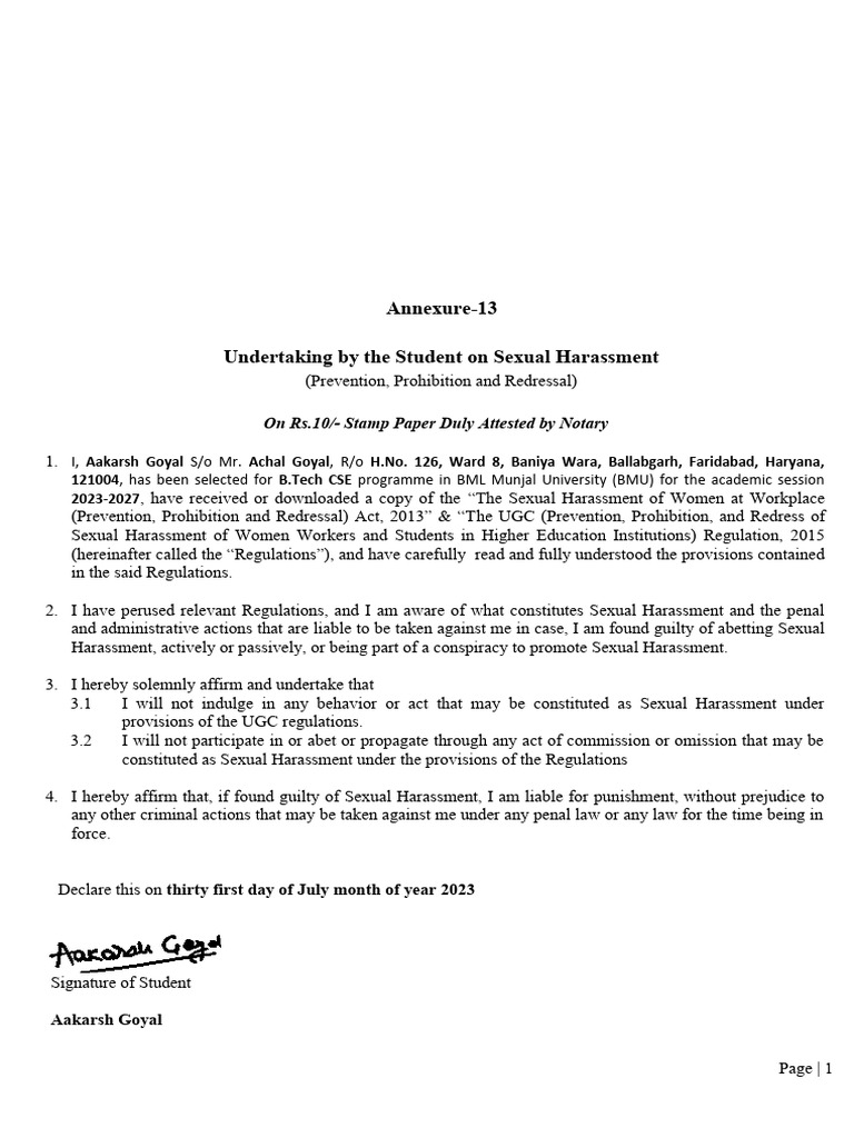 Annexure-13 (Undertaking by The Student On Sexual Harassment) | PDF ...